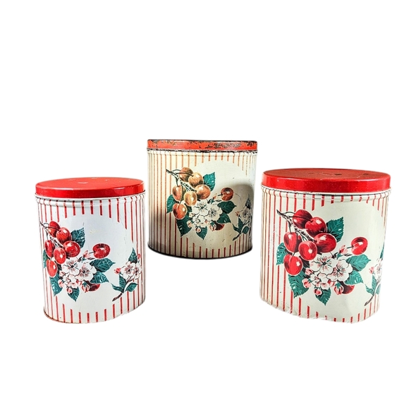 Unknown | Kitchen | Vintage Red Cherries Metal Canister Set Of 3 5s ...